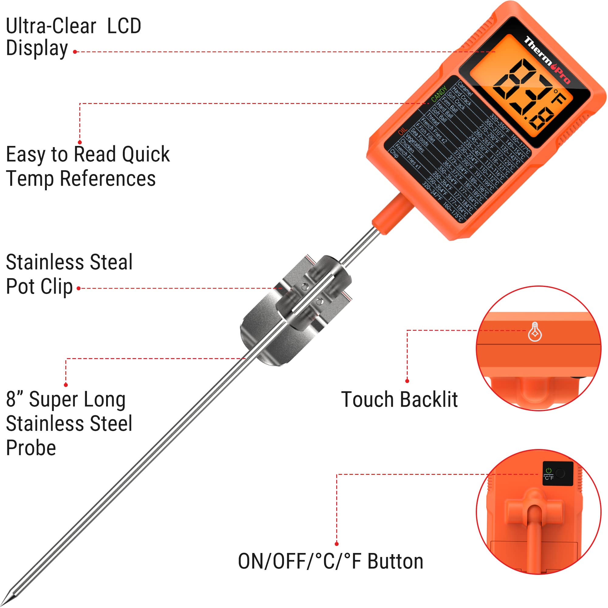 ThermoPro TP510 Waterproof Digital Candy Thermometer with Pot Clip, 8" Long Probe Instant Read Food Cooking Meat Thermometer for Grilling Smoker BBQ Deep Fry Oil Thermometer