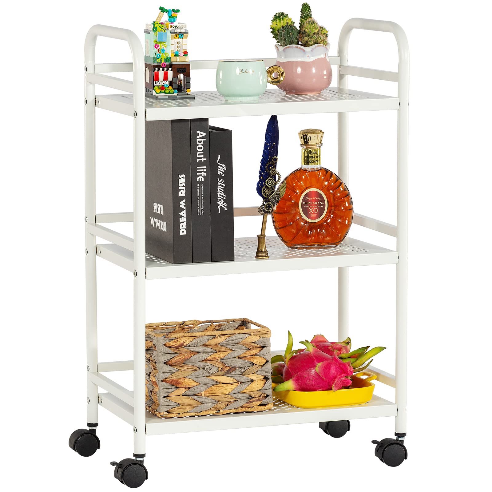 DCLRN 3 Tier Rolling Cart,Storage Organizer Cart,Multifunctional Storage Shelves,Rolling Metal Organization Cart with Handle and Lockable Wheels,for Home,Office,Kitchen,Bathroom(White)