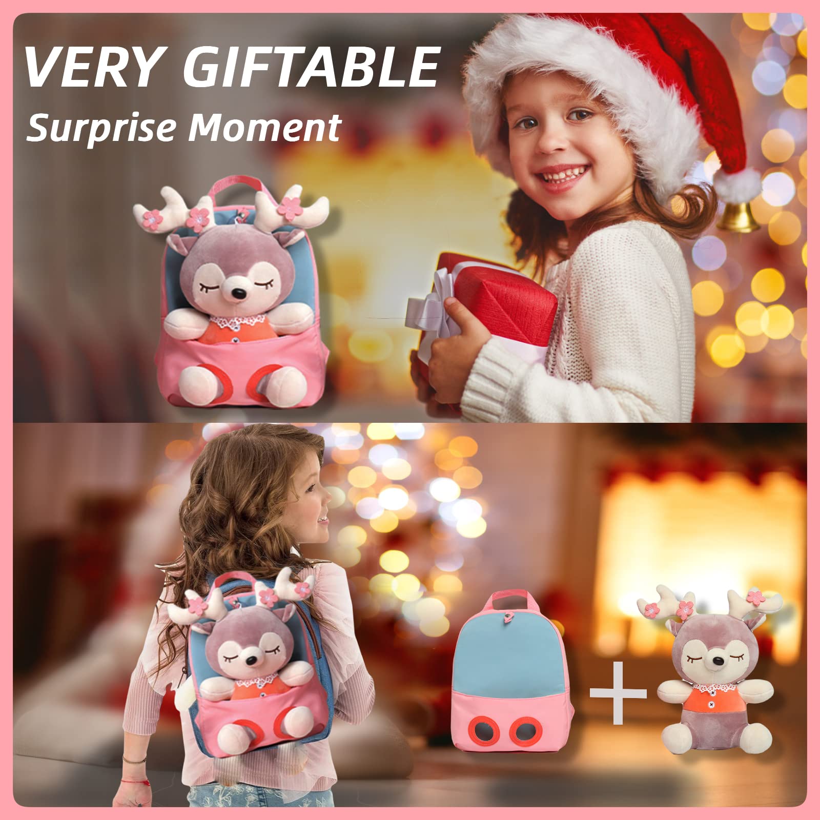 Cute Toddler Backpack for Girls, Mini Baby Girl Backpack for Toddler Girls Toys 2 3 4 5 6 years old, Little Doll Stuffed Animal kids Plush Backpack(Pink)