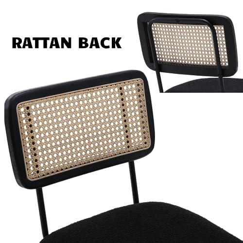 ZSARTS Black Rattan Barstools Set of 2, 26" Boucle Fabric Counter Height Bar Stools with Cane Back, Wicker Bar Chairs for Pub/Kitchen/Home Bar
