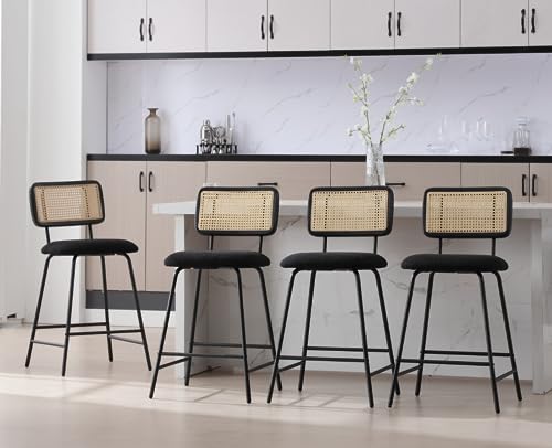 ZSARTS Black Rattan Barstools Set of 2, 26" Boucle Fabric Counter Height Bar Stools with Cane Back, Wicker Bar Chairs for Pub/Kitchen/Home Bar