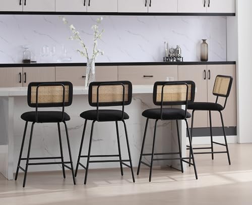 ZSARTS Black Rattan Barstools Set of 2, 26" Boucle Fabric Counter Height Bar Stools with Cane Back, Wicker Bar Chairs for Pub/Kitchen/Home Bar