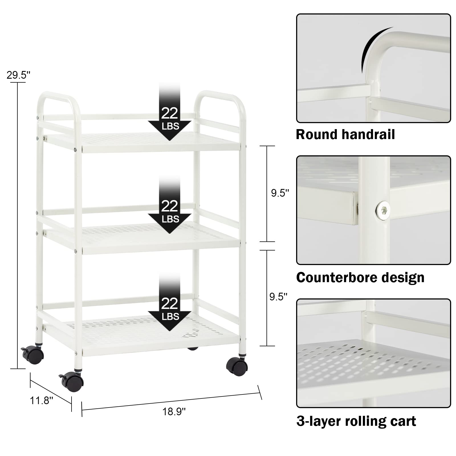 DCLRN 3 Tier Rolling Cart,Storage Organizer Cart,Multifunctional Storage Shelves,Rolling Metal Organization Cart with Handle and Lockable Wheels,for Home,Office,Kitchen,Bathroom(White)