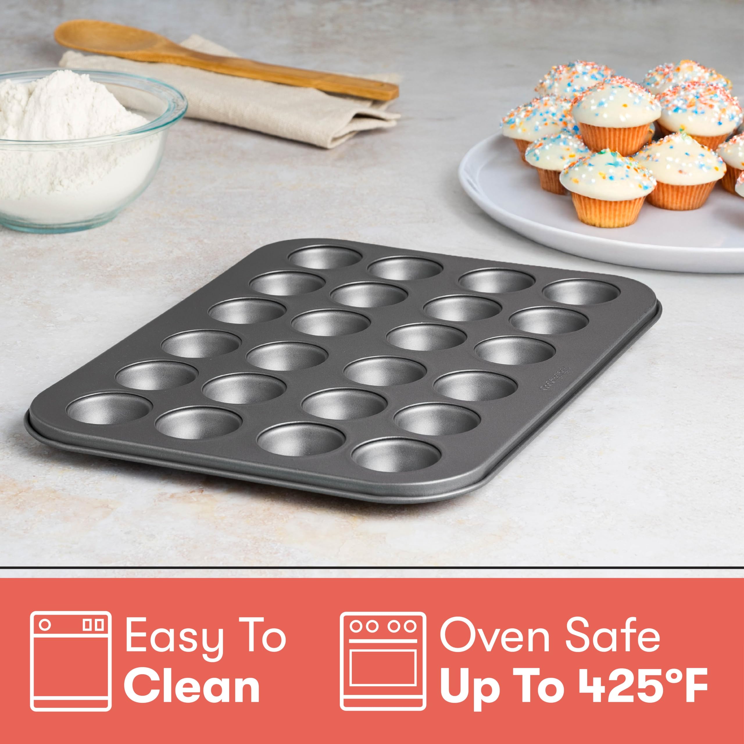 Cooking Light Heavy Duty Nonstick Bakeware Carbon Steel Mini Muffin Pan with Quick Release Coating, Manufactured without PFOA, Dishwasher Safe, Oven Safe, 24-Cup, Gray