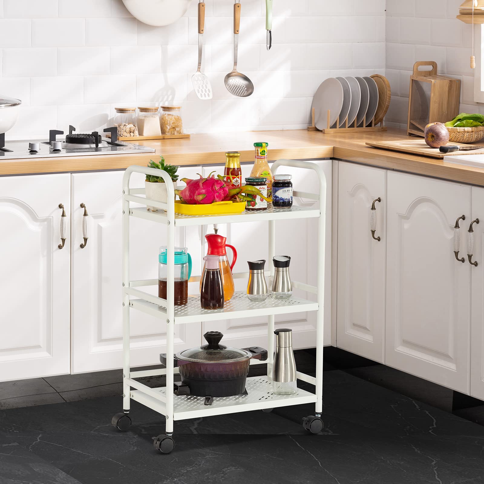 DCLRN 3 Tier Rolling Cart,Storage Organizer Cart,Multifunctional Storage Shelves,Rolling Metal Organization Cart with Handle and Lockable Wheels,for Home,Office,Kitchen,Bathroom(White)