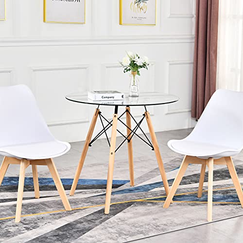 Round Glass Dining Table Small Kitchen Table Modern Circle Dining Room Table 32" with Wood Legs for Dinner Small Spaces Clear