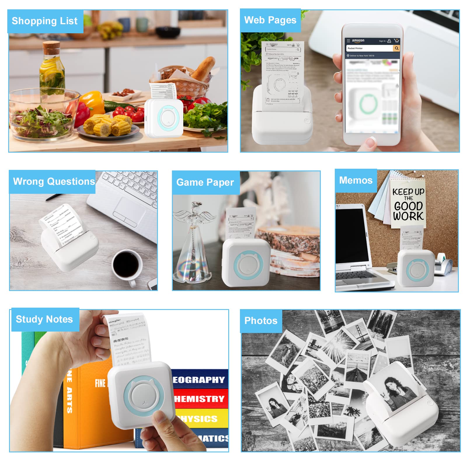 Carpower Mini Printer Portable, Pocket Thermal Printer with 7 Rolls Paper, Bluetooth Wireless Instant Printer for Picture Receipt Label Note Inkless Printing