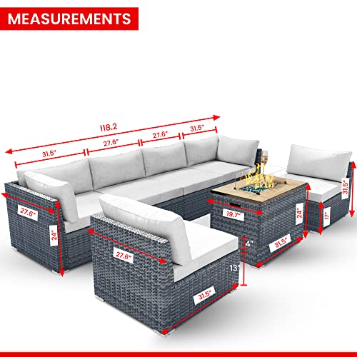 MODENZI Outdoor Sectional Patio Furniture Set with Propane Fire Pit Table Grey Resin Wicker Phoenix Collection Sofa Set (Light Grey)