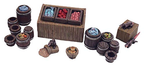 War World Gaming Fantasy Village Street Market Stall and Barrels Set – 28mm Heroic Scale Wargaming Terrain Model Diorama Scenery Wargame Tabletop Medieval Battle Wargame Battleboard