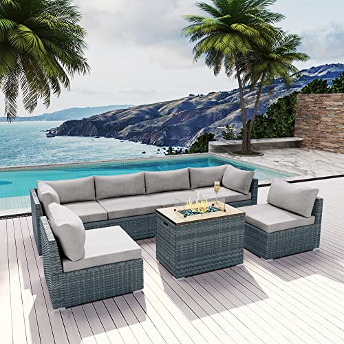 MODENZI Outdoor Sectional Patio Furniture Set with Propane Fire Pit Table Grey Resin Wicker Phoenix Collection Sofa Set (Light Grey)