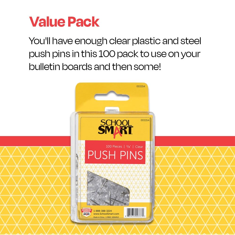 School Smart 003354 Clear Push Pin, 3/8" L (Pack of 100)