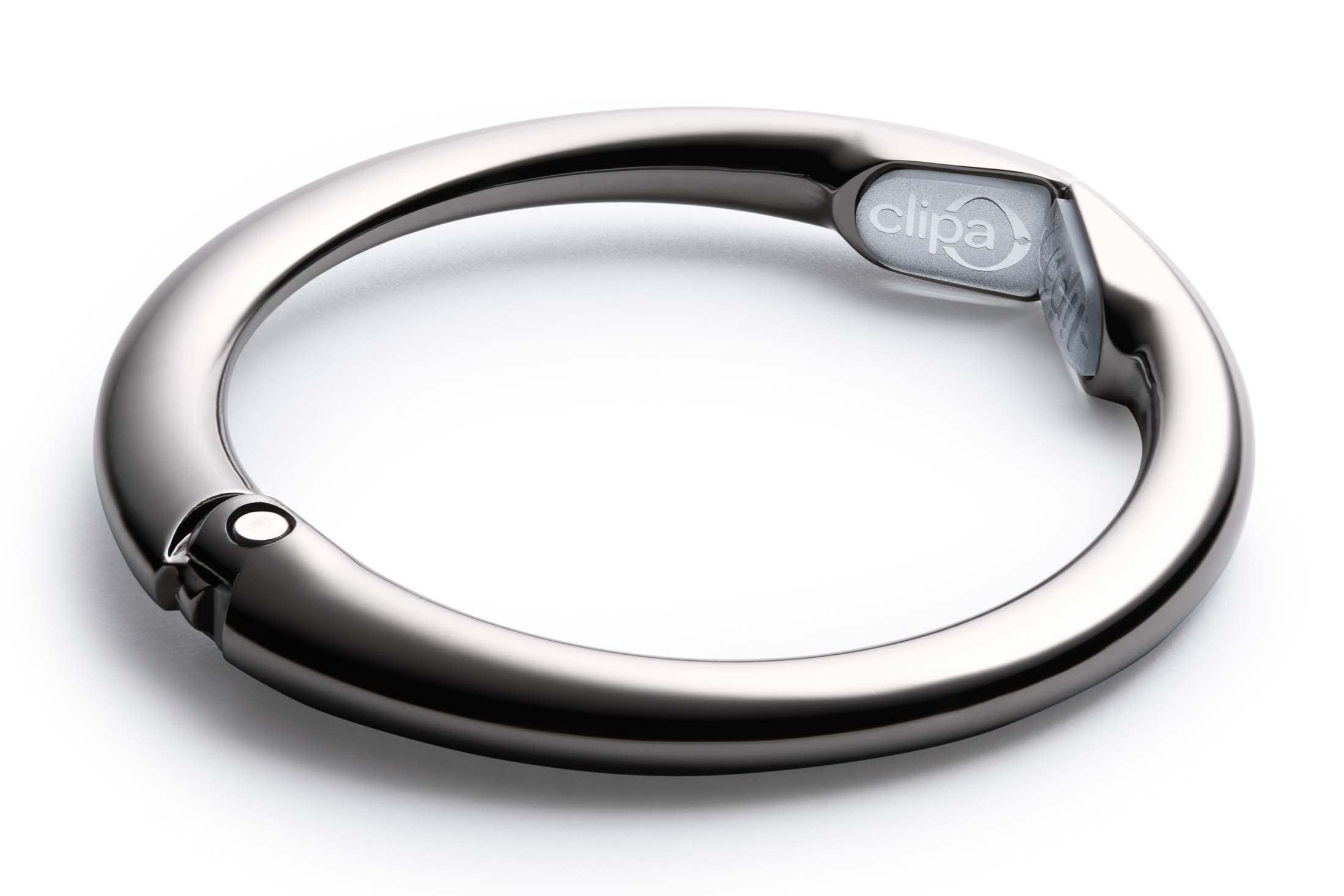 Clipa Bag Hanger - Polished Hematite PVD - The Ring That Opens Into a Hook and Hangs in Just 1/2" of Space, Holds 33 lbs., 3 yr. Warranty