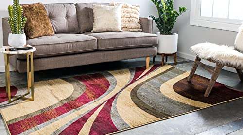 Unique Loom Barista Collection Modern, Abstract, Waves, Urban, Rustic, Warm Colors Area Rug, 8 ft x 10 ft, Beige/Burgundy