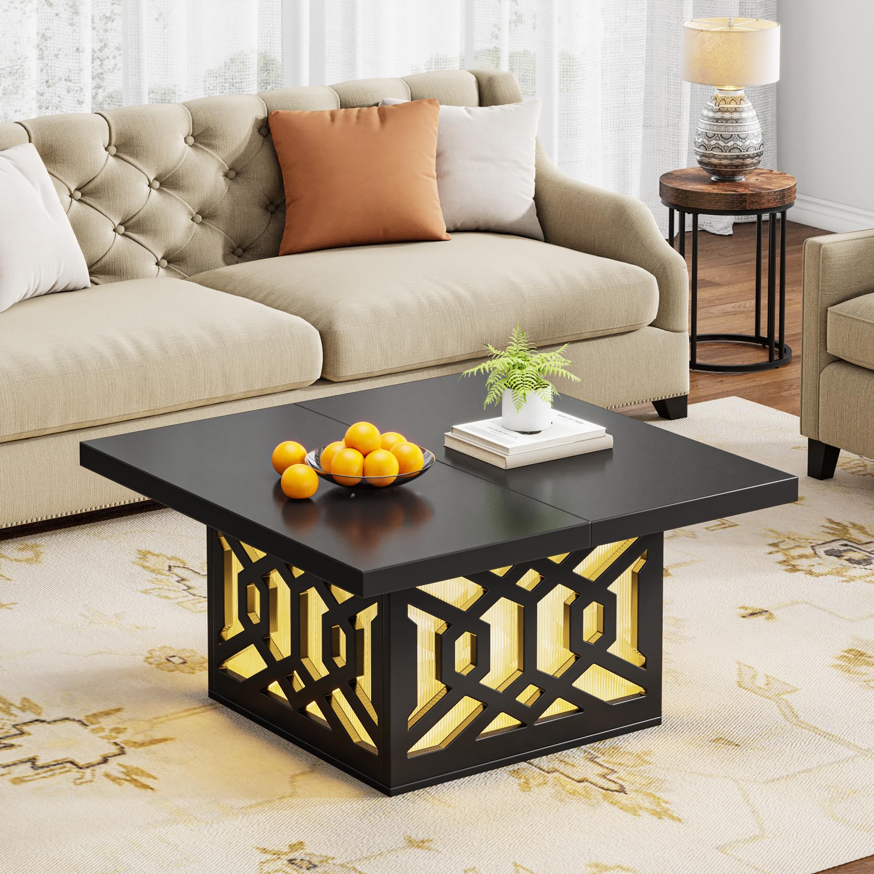 Tribesigns Coffee Table with LED Lights, Modern Square Cocktail Table with Storage, Center Table Living Room Furniture, Black