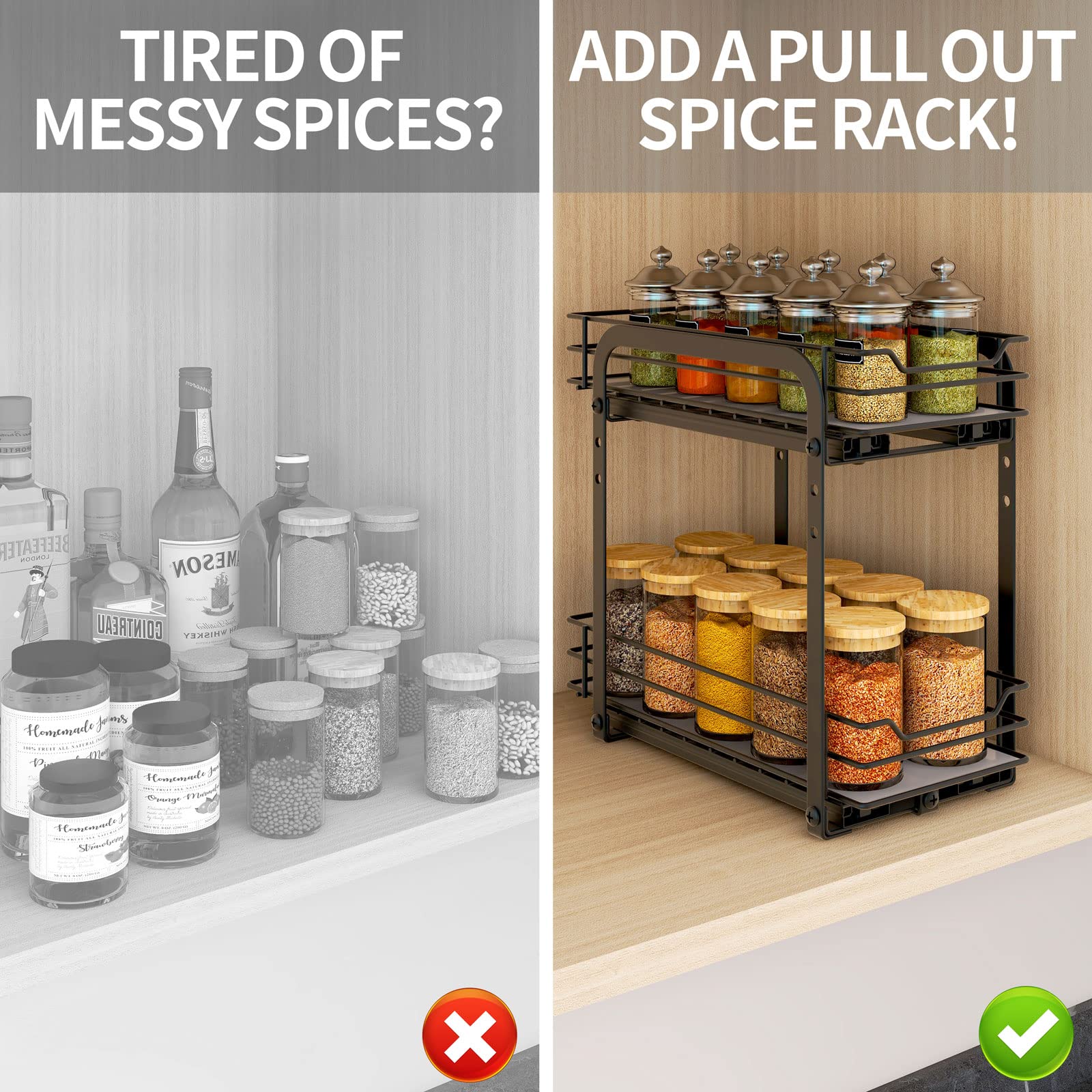 BOIVSHI 2-Tier Spice Rack, Pull Out Cabinet Organizer Spice Racks Height Adjustable Heavy Duty Metal Basket for Inside Cabinets & Pantry Closet