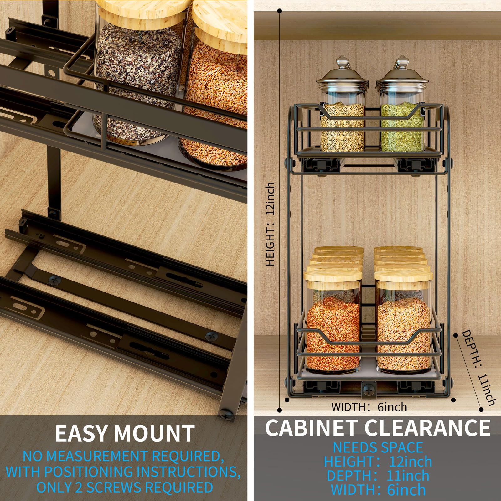 BOIVSHI 2-Tier Spice Rack, Pull Out Cabinet Organizer Spice Racks Height Adjustable Heavy Duty Metal Basket for Inside Cabinets & Pantry Closet