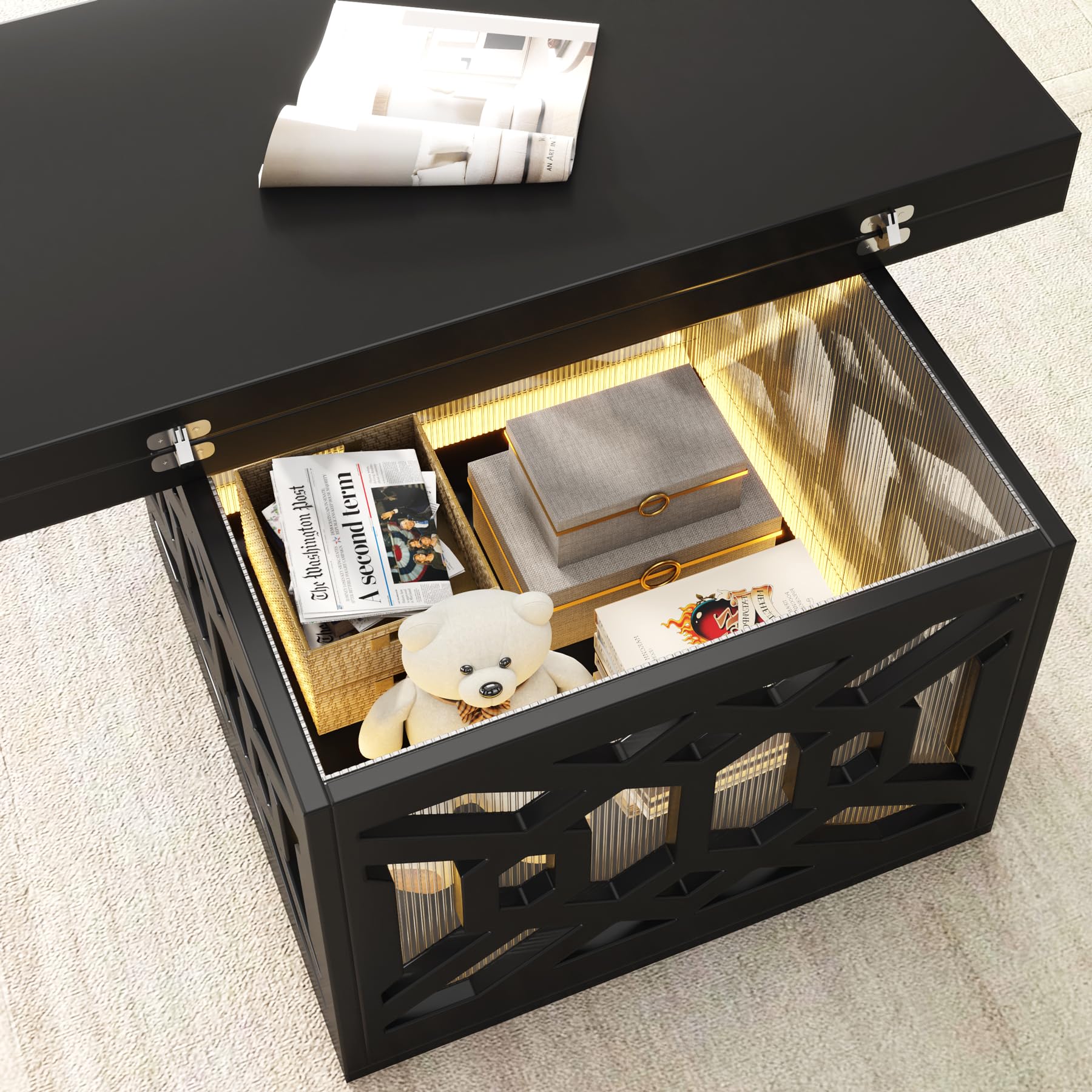 Tribesigns Coffee Table with LED Lights, Modern Square Cocktail Table with Storage, Center Table Living Room Furniture, Black