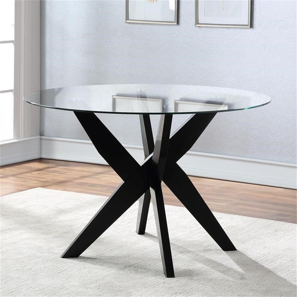 Steve Silver Co Amalie Round Dining Table, Contemporary Pedestal Base, 48" Round Tempered Glass, incd. One Glass Top Dining Table w/Black Base, Dining Room, Kitchen, 48" D x 48" W x 31" H, Black