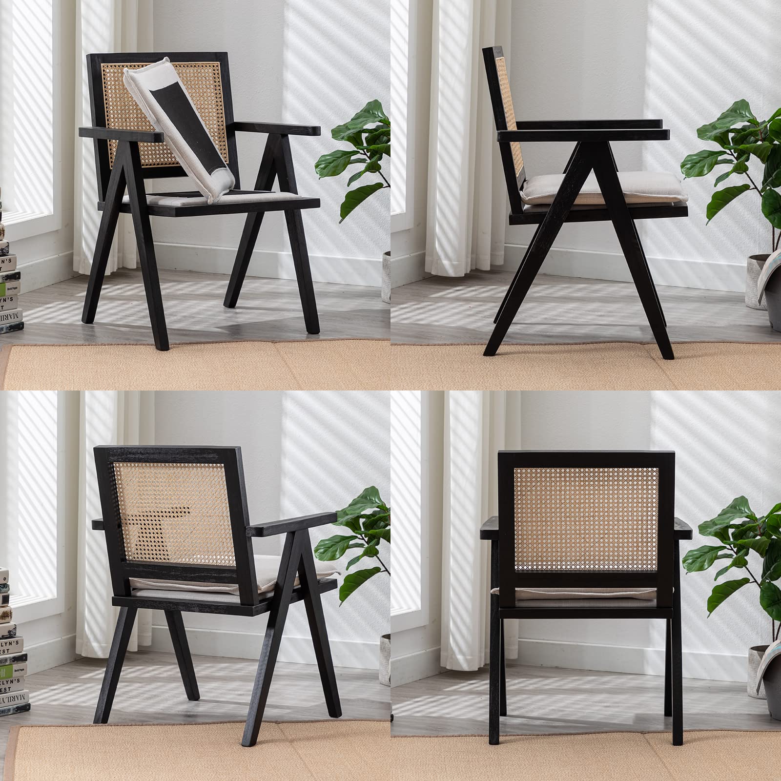 Guyou French Rattan Woven Dining Chairs Set of 6, Upholstered Dining Room Arm Chairs with Cane Back Mid Century Retro Side Chairs (Black Finish and Cream Fabric)