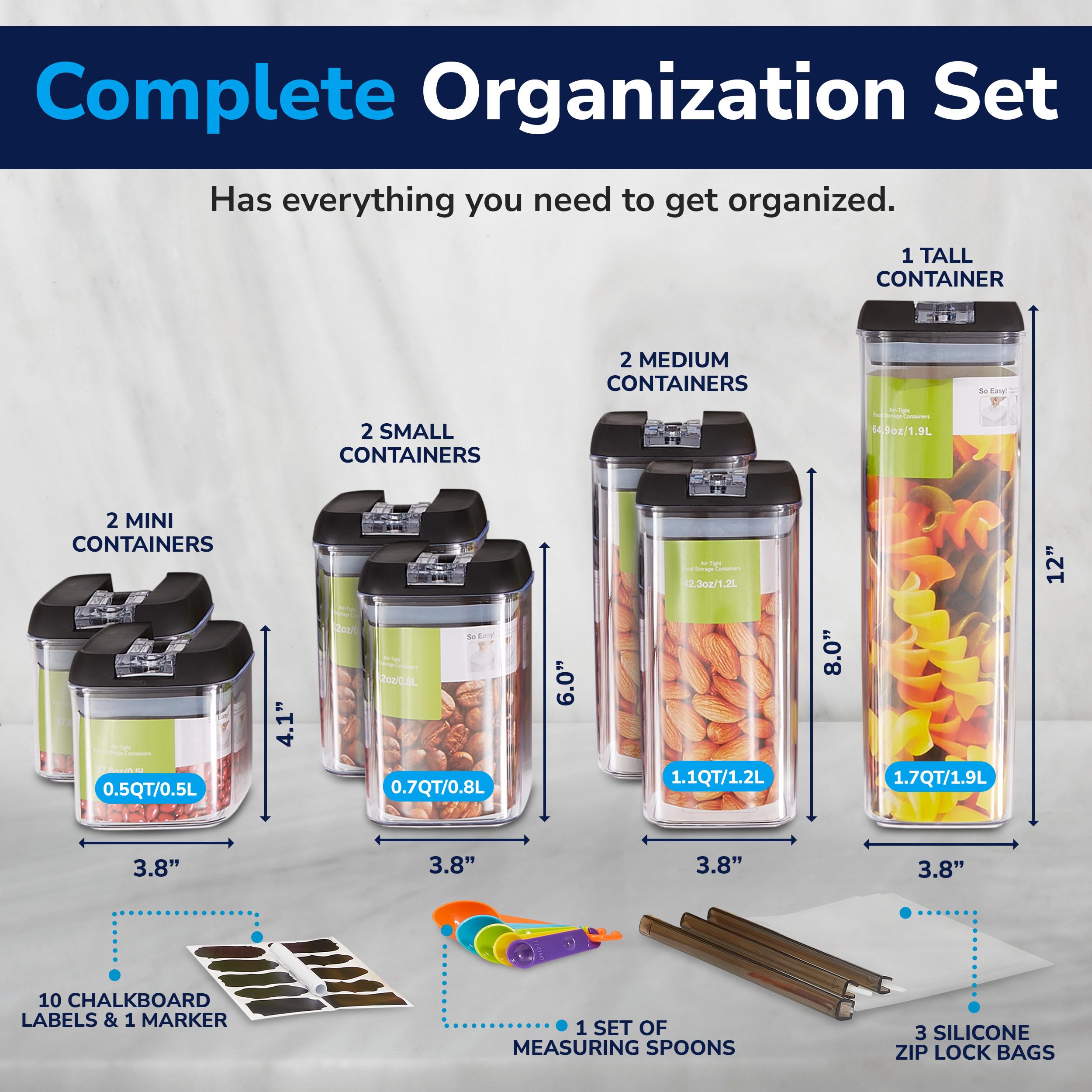 Airtight Food Storage Containers Set with Lids - 7 PCS Home and Kitchen Pantry Organization and Storage - Plastic Canisters for Dry Food, Sugar and Flour - BPA Free Storage bins with Labels, Marker and Ziploc Bags