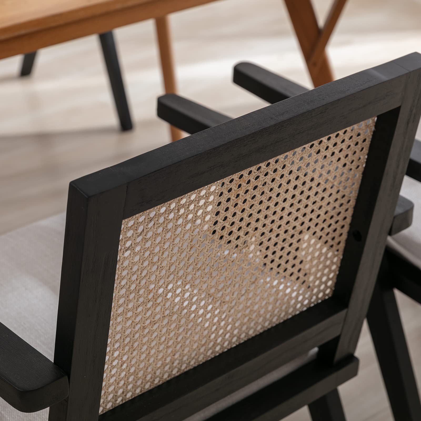 Guyou French Rattan Woven Dining Chairs Set of 6, Upholstered Dining Room Arm Chairs with Cane Back Mid Century Retro Side Chairs (Black Finish and Cream Fabric)