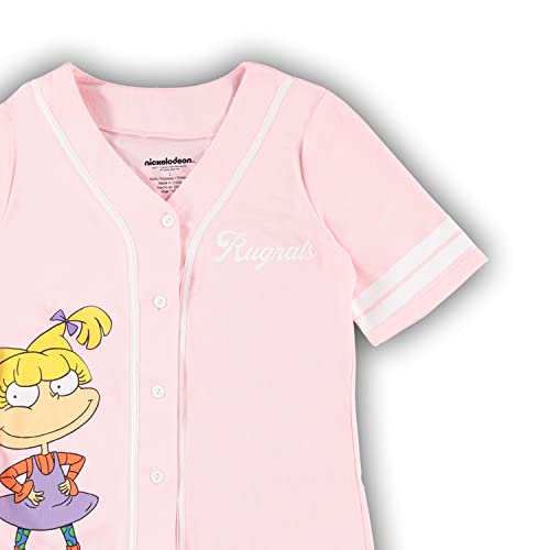 Nickelodeon Ladies 90's Fashion Shirt - Rugrats, Angelica and Chuckie Mesh Baseball Jersey (Light Pink, Small)