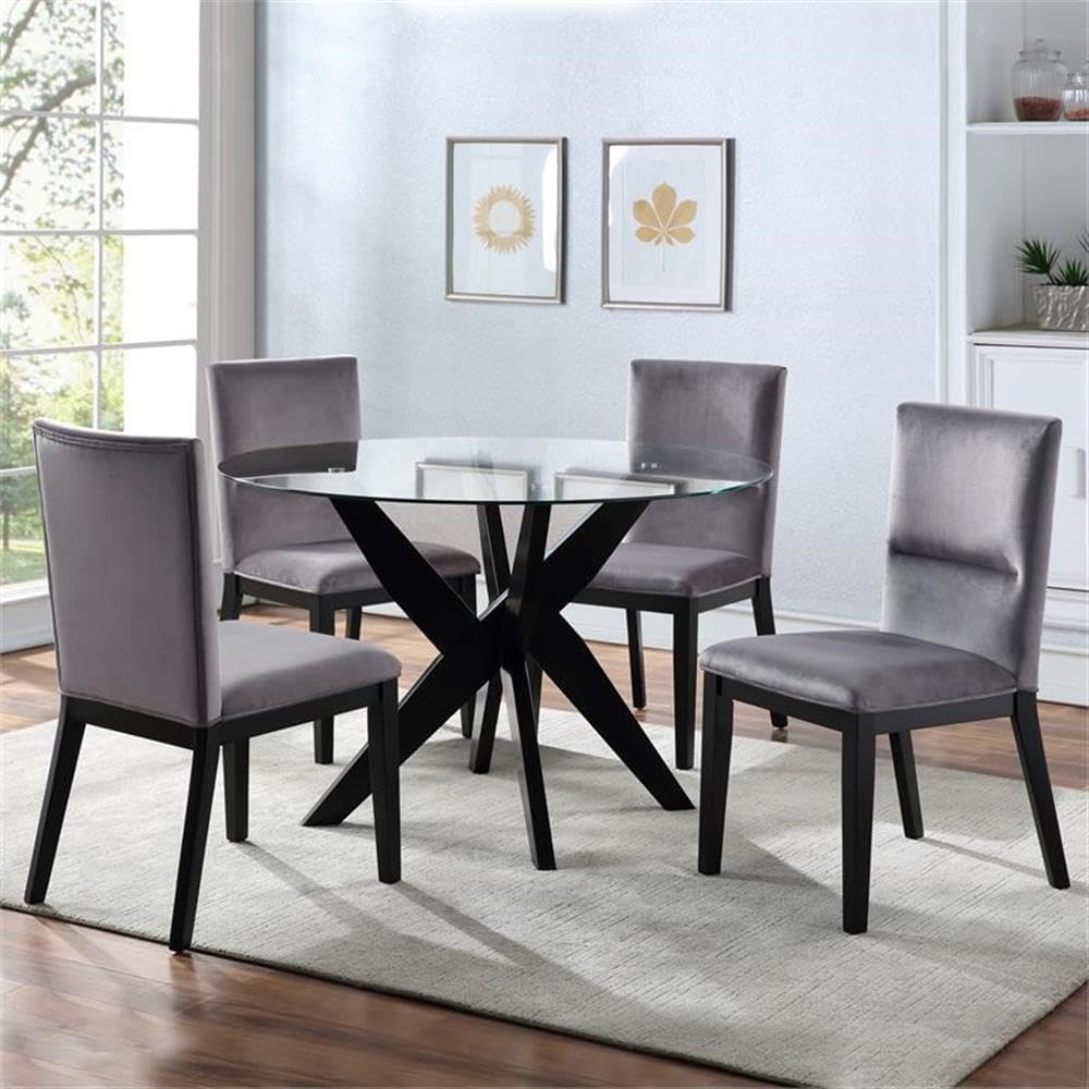 Steve Silver Co Amalie Round Dining Table, Contemporary Pedestal Base, 48" Round Tempered Glass, incd. One Glass Top Dining Table w/Black Base, Dining Room, Kitchen, 48" D x 48" W x 31" H, Black