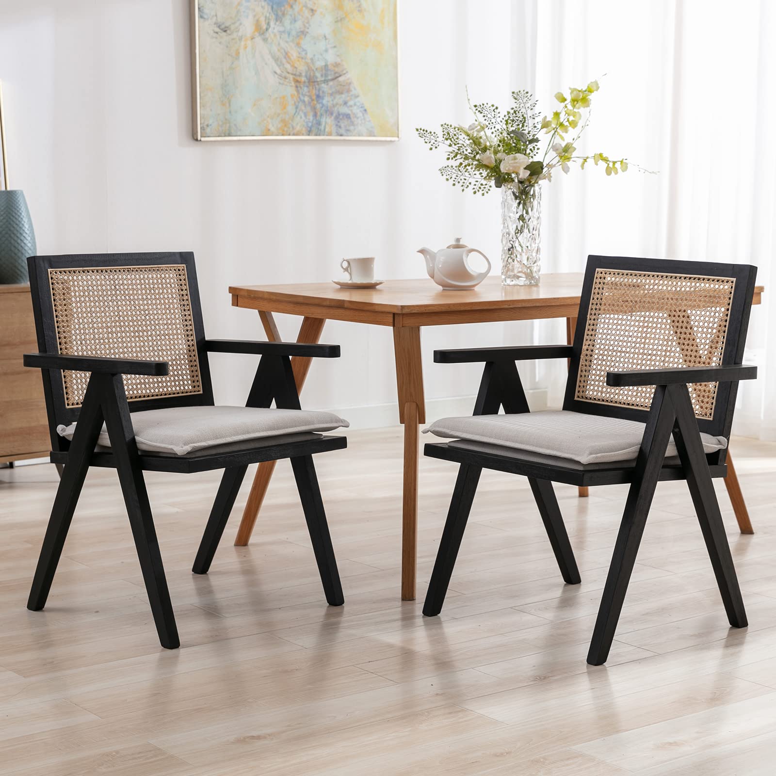 Guyou French Rattan Woven Dining Chairs Set of 6, Upholstered Dining Room Arm Chairs with Cane Back Mid Century Retro Side Chairs (Black Finish and Cream Fabric)