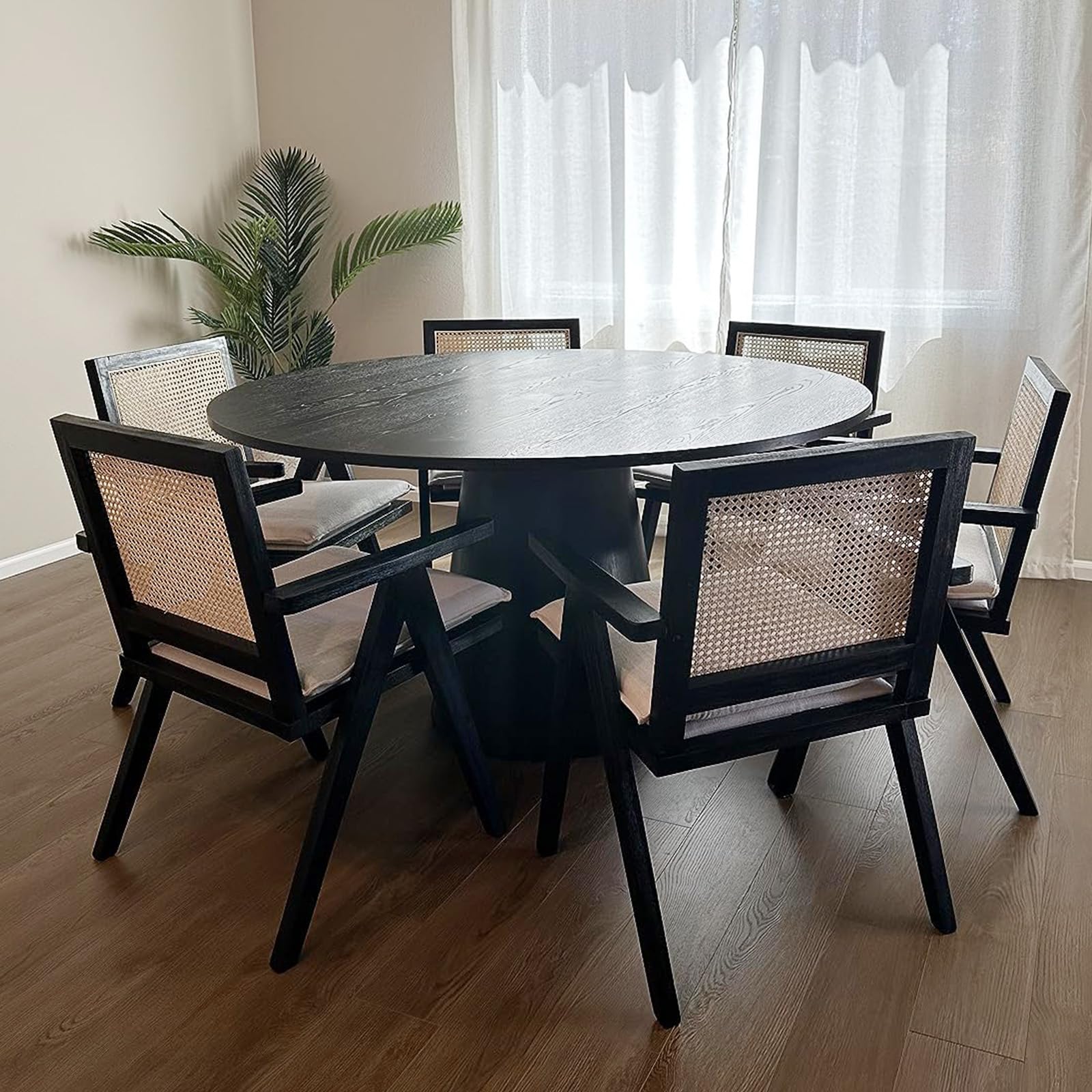 Guyou French Rattan Woven Dining Chairs Set of 6, Upholstered Dining Room Arm Chairs with Cane Back Mid Century Retro Side Chairs (Black Finish and Cream Fabric)