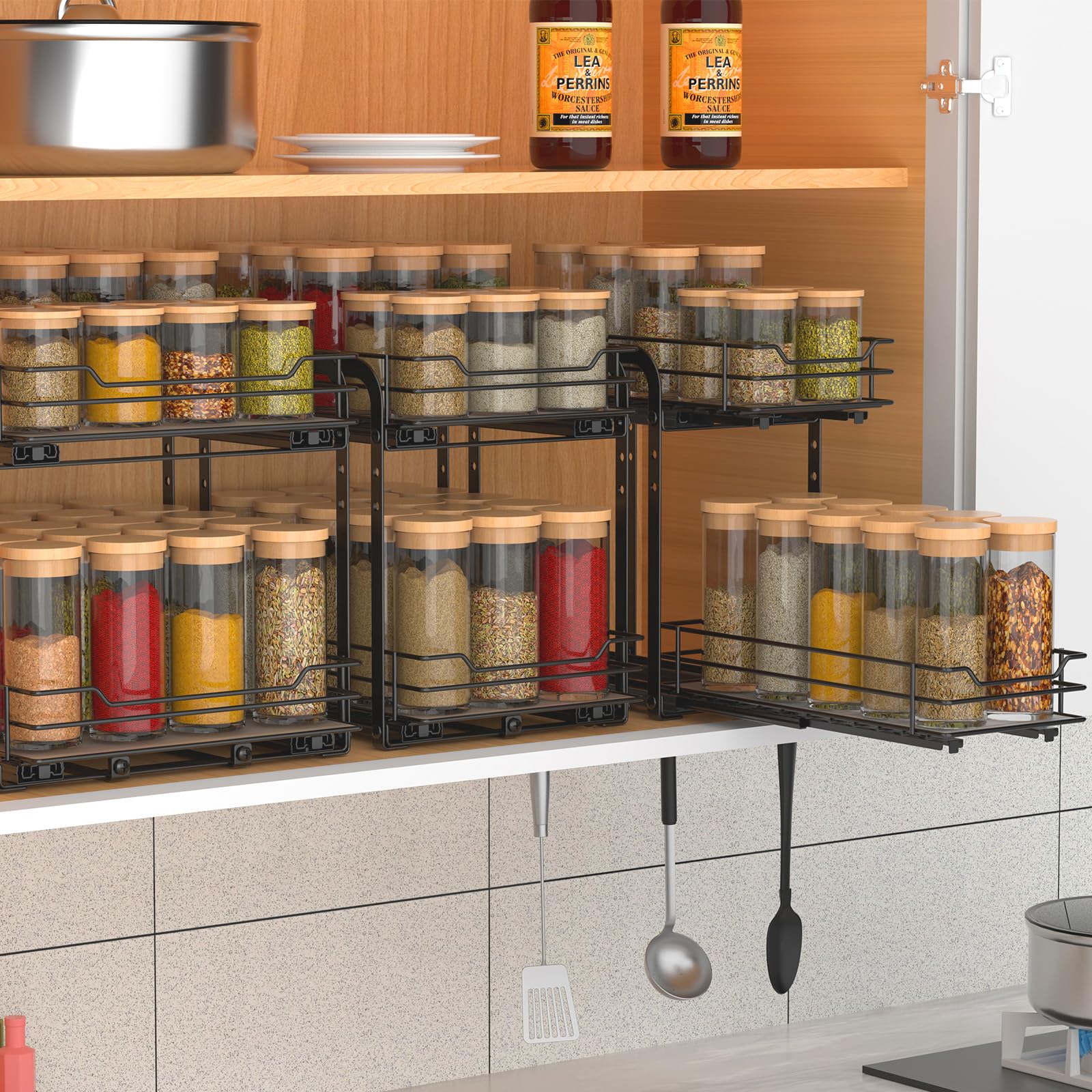 BOIVSHI 2-Tier Spice Rack, Pull Out Cabinet Organizer Spice Racks Height Adjustable Heavy Duty Metal Basket for Inside Cabinets & Pantry Closet