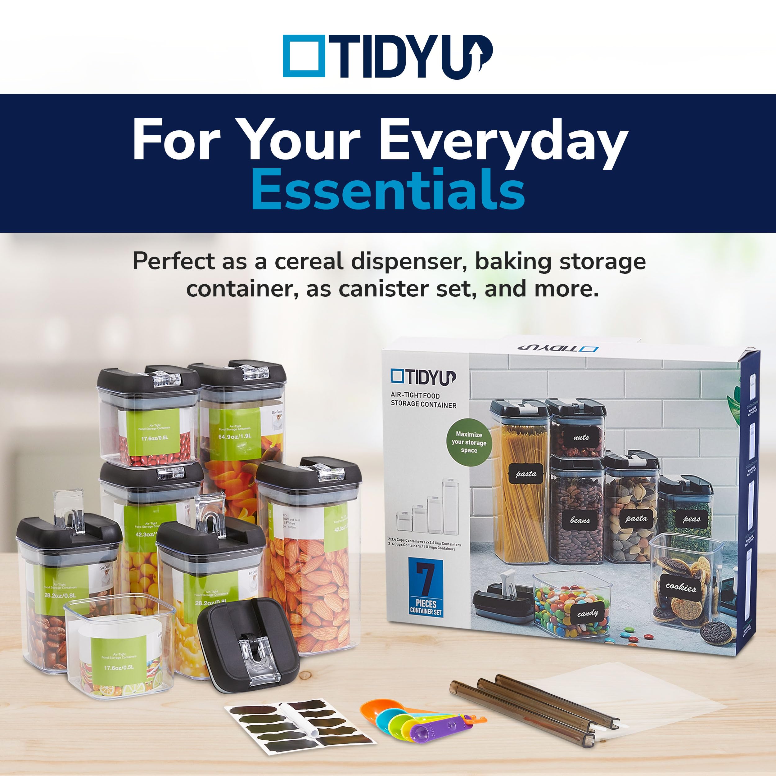 Airtight Food Storage Containers Set with Lids - 7 PCS Home and Kitchen Pantry Organization and Storage - Plastic Canisters for Dry Food, Sugar and Flour - BPA Free Storage bins with Labels, Marker and Ziploc Bags