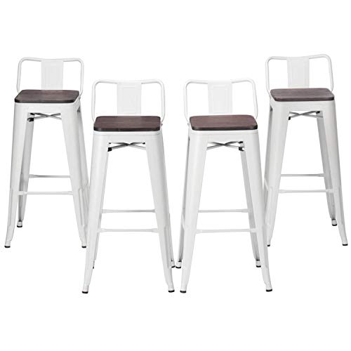 HAOBO Home Modern Industrial Metal Bar Stool Counter Height Stools [Set of 4] Stackable Dining Chair (24", Low Back White Wooden Seat)