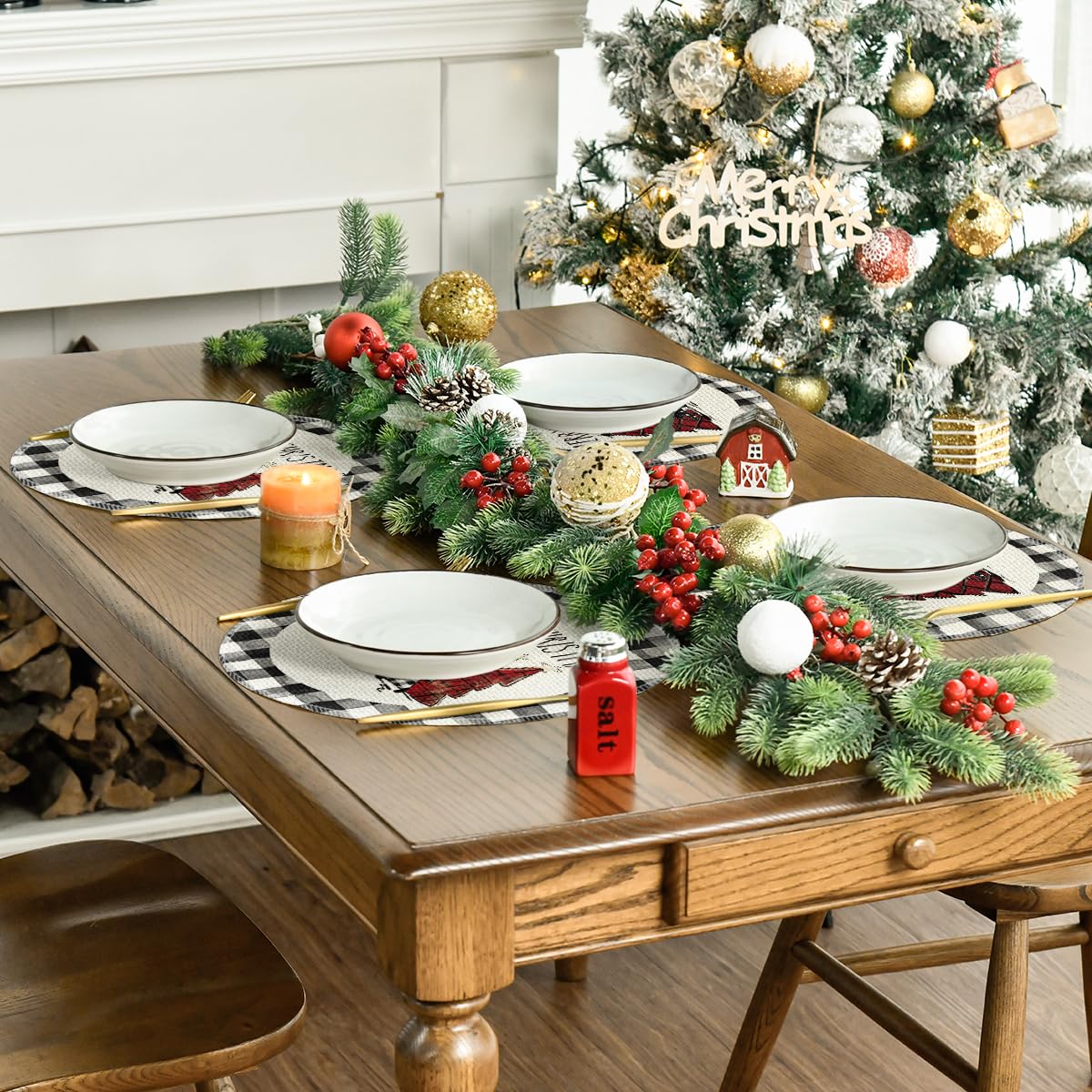 Artoid Mode Waterclor Buffalo Plaid Christmas Trees Merry Xmas Round Placemats Set of 4, 15 Inch Seasonal Winter Round Table Mats for Dining Decoration