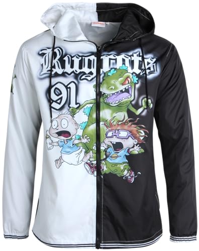 Nickelodeon Men's Jacket - Lightweight Hooded Windbreaker Coat - Vintage Novelty Streetwear for Men: SpongeBob Rugrats (S-XL), Size X-Large, Rugrats Black