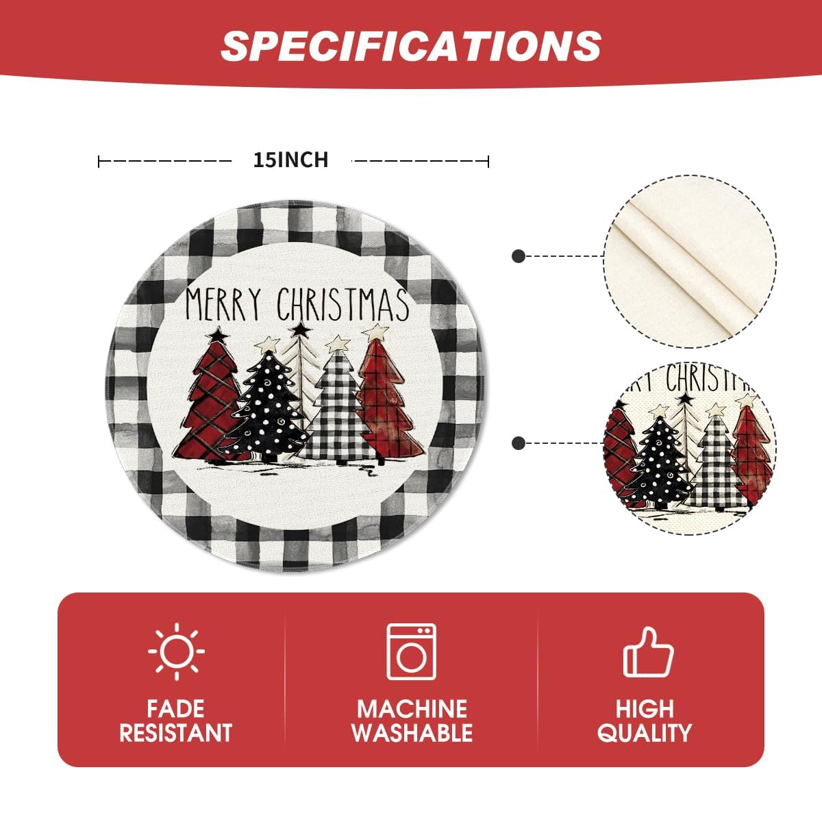 Artoid Mode Waterclor Buffalo Plaid Christmas Trees Merry Xmas Round Placemats Set of 4, 15 Inch Seasonal Winter Round Table Mats for Dining Decoration