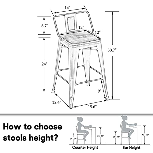 HAOBO Home Modern Industrial Metal Bar Stool Counter Height Stools [Set of 4] Stackable Dining Chair (24", Low Back White Wooden Seat)