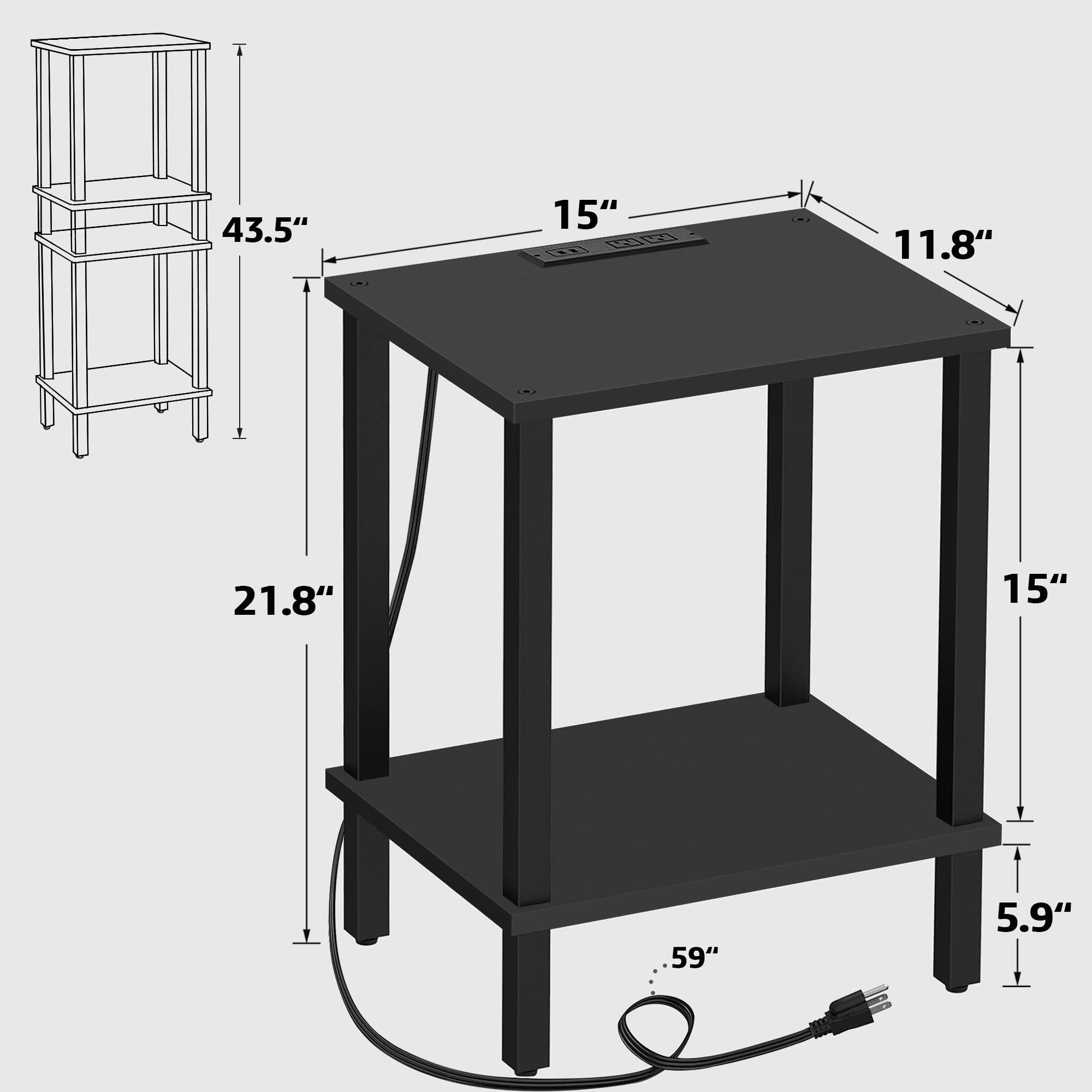 TUTOTAK End Table with Charging Station, Set of 2, Side Table with USB Ports and Outlets, Nightstand, 2-Tier Storage Shelf, Sofa Table for Small Space, Living Room, Bed Room TB01BK041