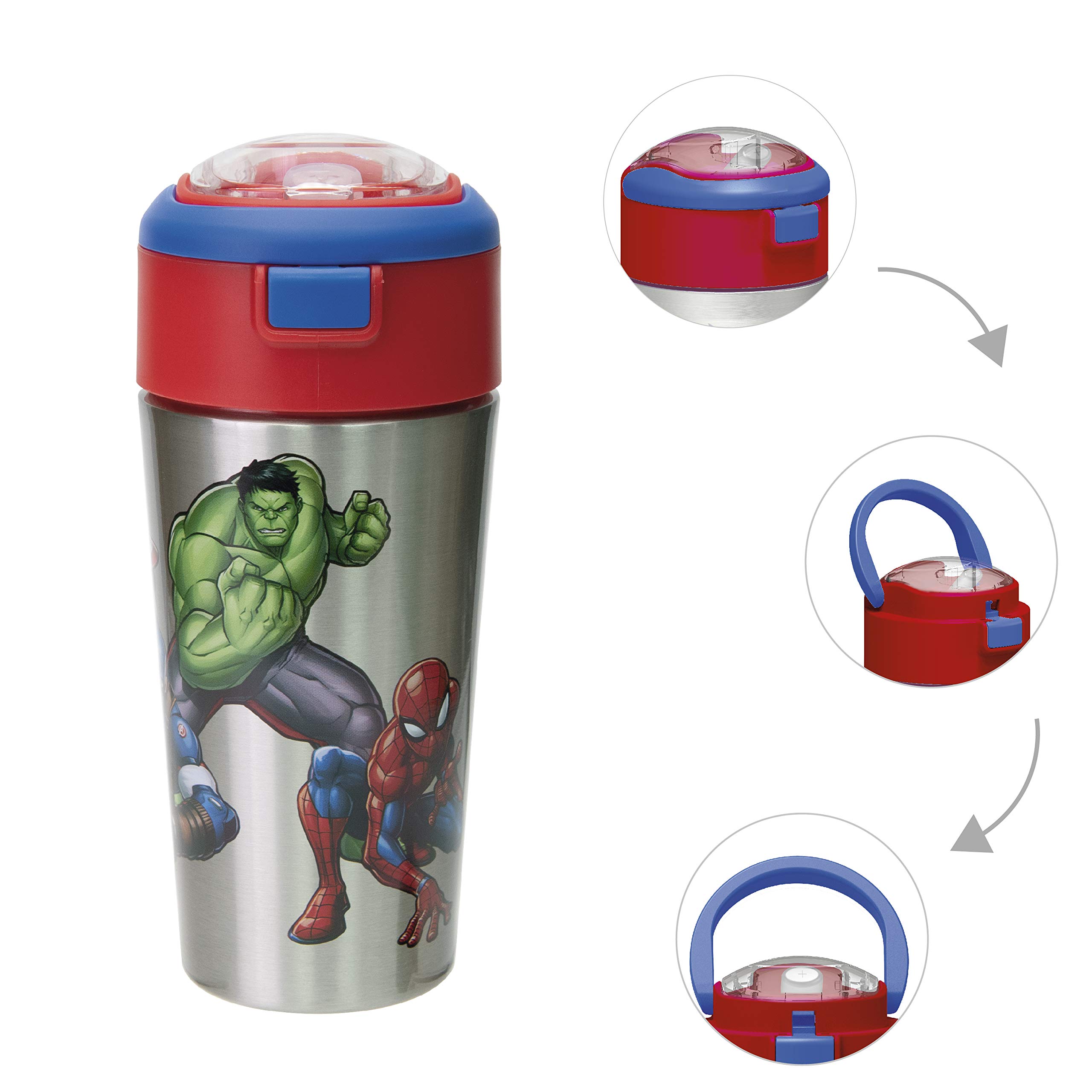 Zak Designs Comics Durable Stainless Steel Straw Bottle with Push-Button Flip Lid Vacuum Insulation Keeps Drinks Cold, BPA Free, 12oz, Marvel Universe