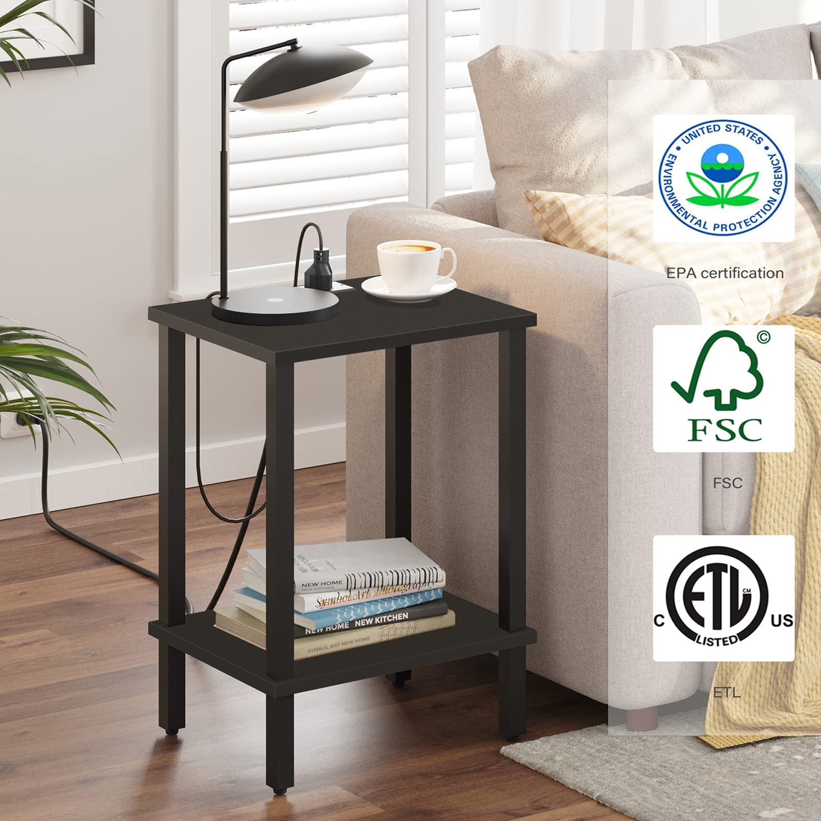 TUTOTAK End Table with Charging Station, Set of 2, Side Table with USB Ports and Outlets, Nightstand, 2-Tier Storage Shelf, Sofa Table for Small Space, Living Room, Bed Room TB01BK041