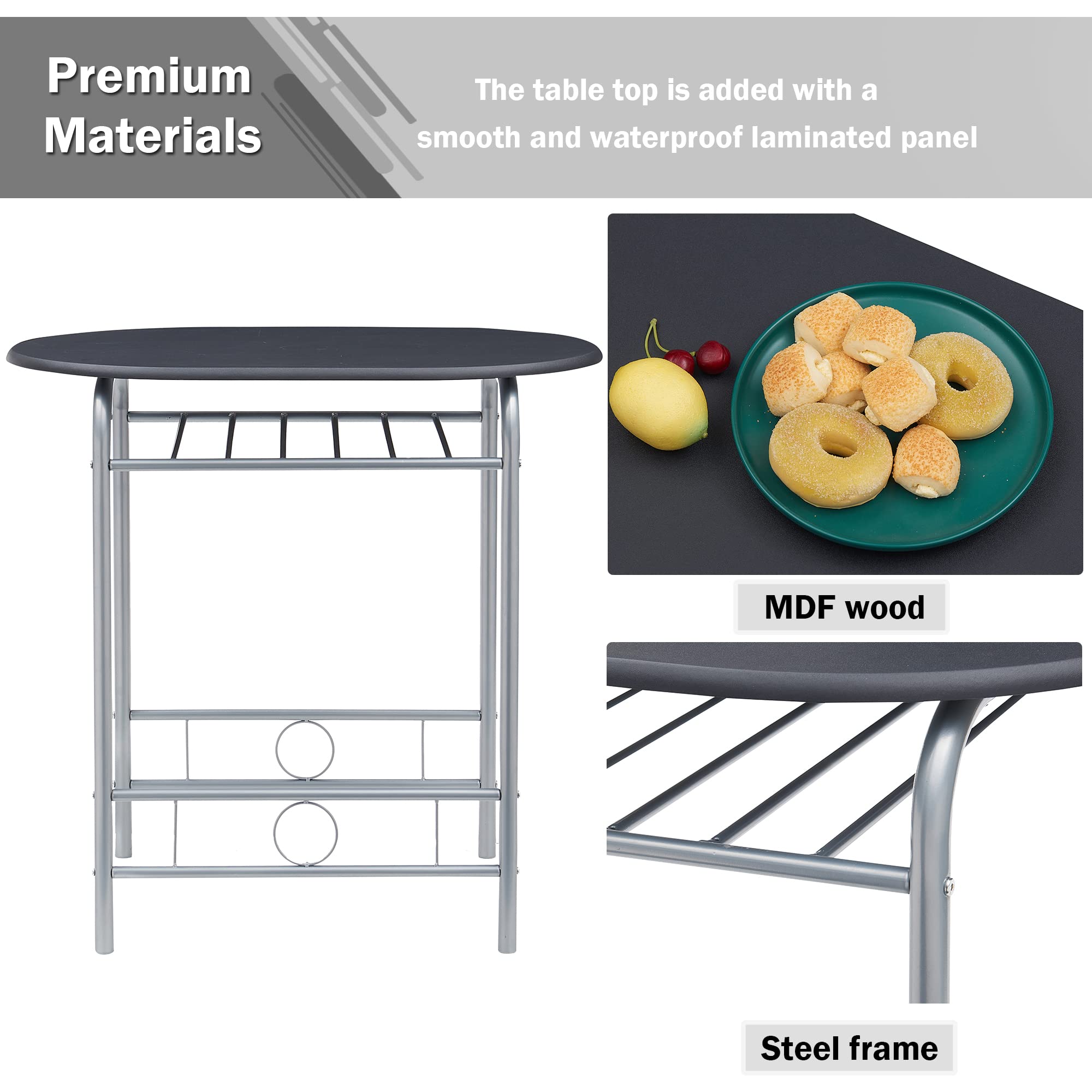 VECELO 3 Piece Small Round Dining Table Set for Kitchen Breakfast Nook, Wood Grain Tabletop with Wine Storage Rack, Save Space, 31.5", Black & Silver