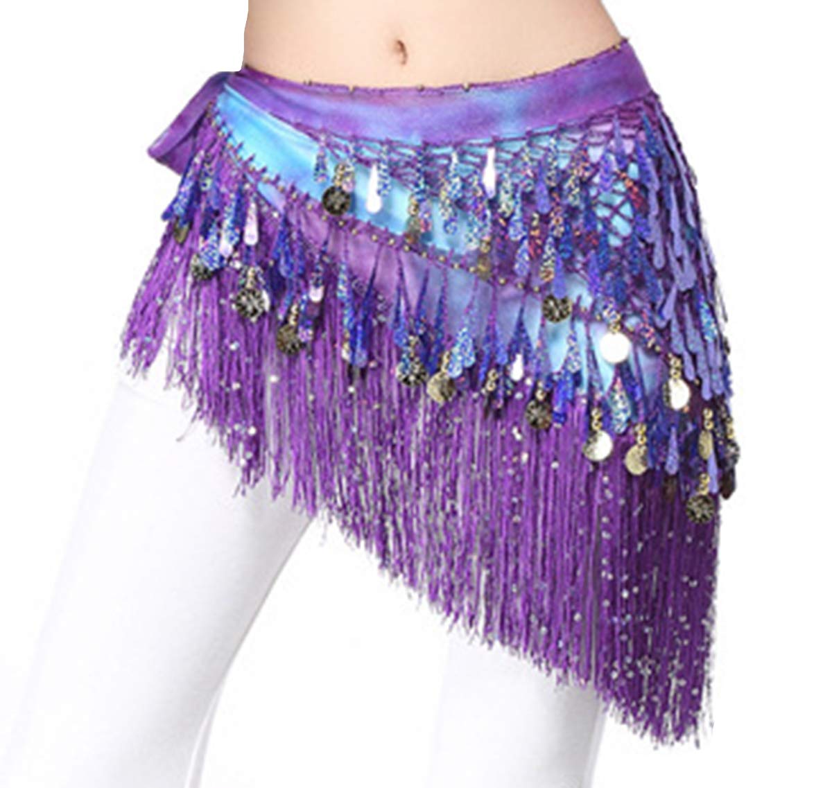 Lauthen.S Belly Dance Hip Scarf with Tassels Sequins, Triangle Coins Wrap Skirt Music Festival Clothing Purle