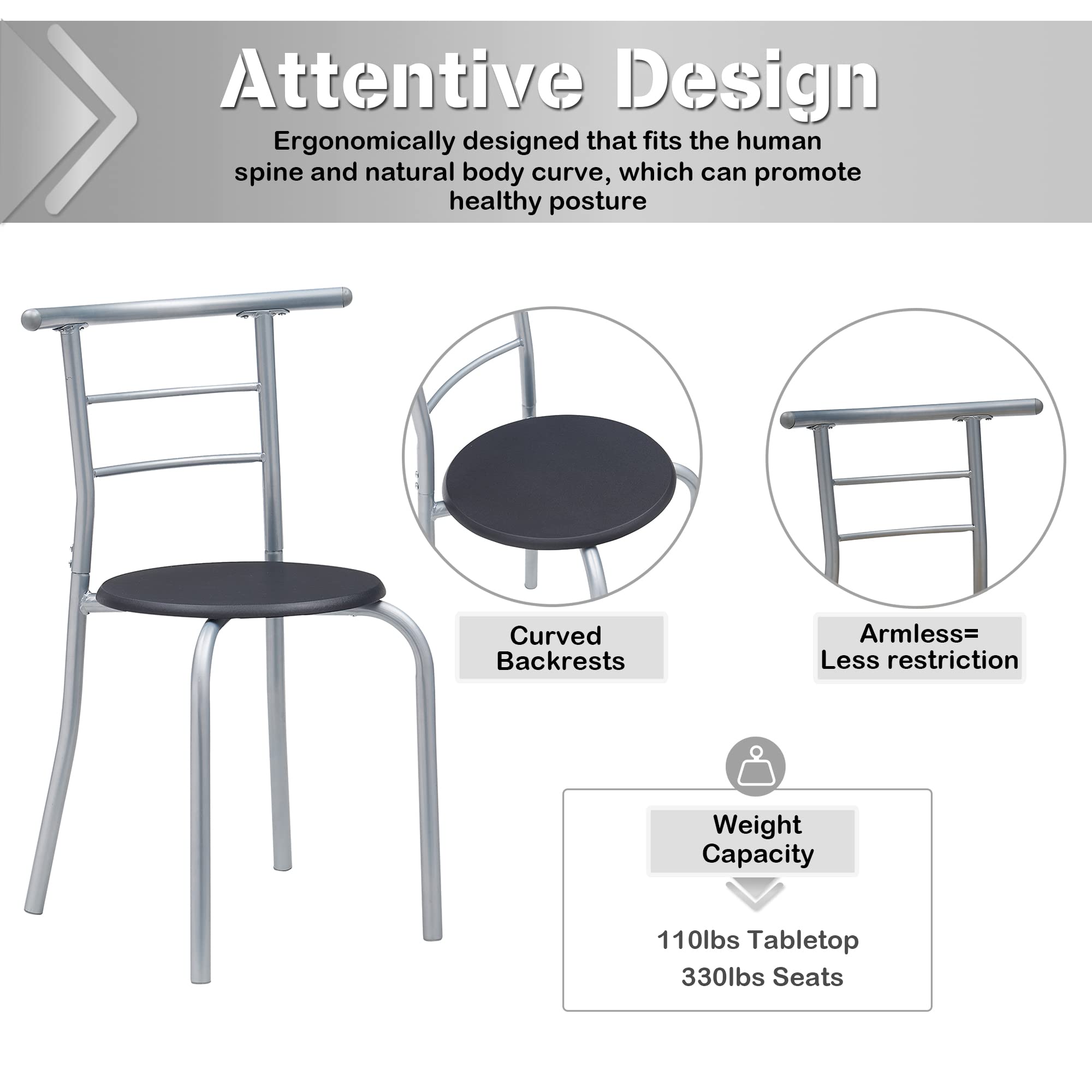 VECELO 3 Piece Small Round Dining Table Set for Kitchen Breakfast Nook, Wood Grain Tabletop with Wine Storage Rack, Save Space, 31.5", Black & Silver