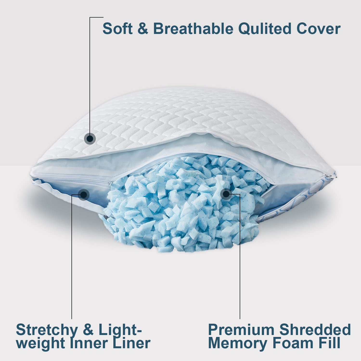 Uniqwamer Cooling Bed Pillows for Sleeping 2 Pack Shredded Memory Foam Adjustable Pillows King Size Set of 2 for Side Back Sleepers - Luxury Extra Comfy Gel Pillows with Washable Removable Cover