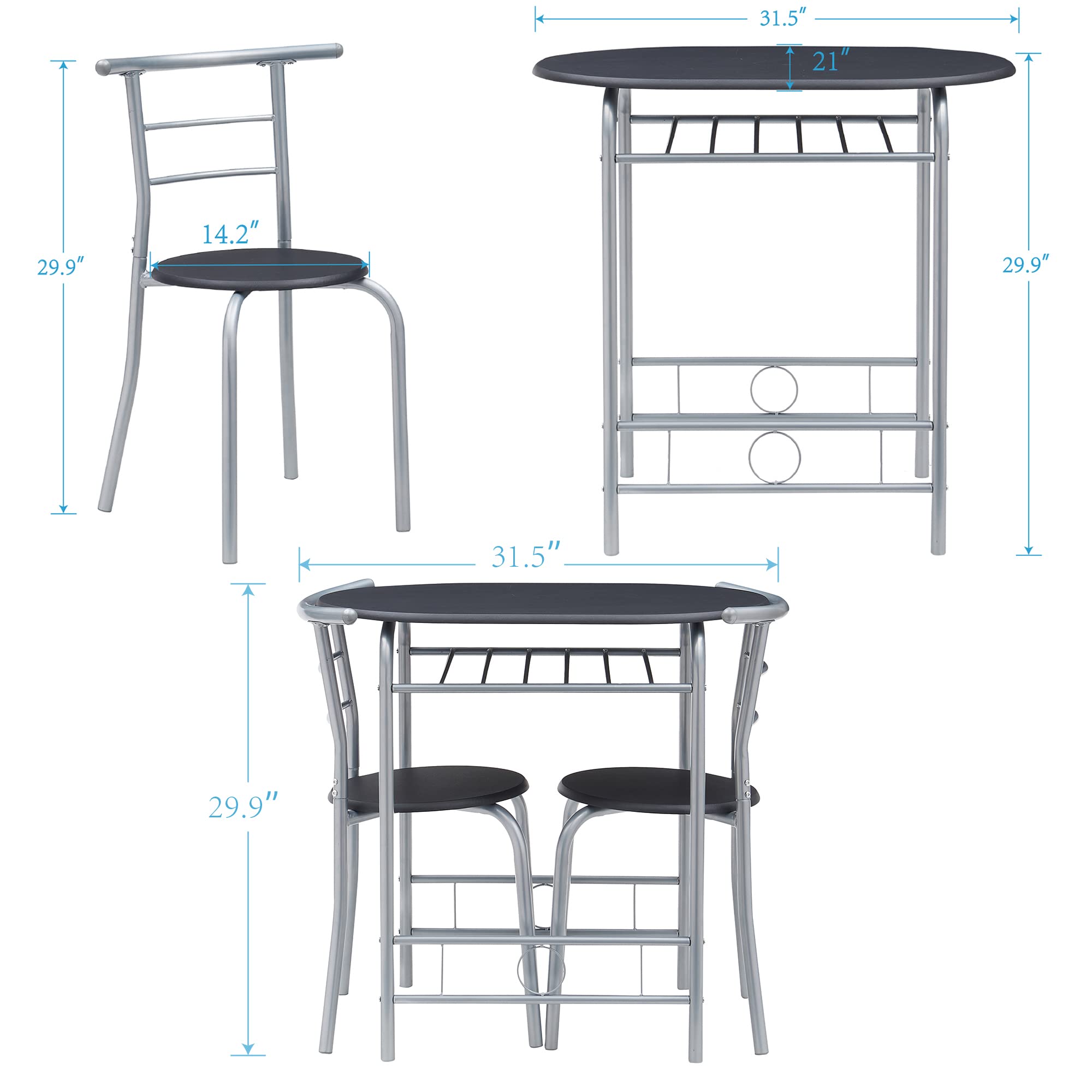 VECELO 3 Piece Small Round Dining Table Set for Kitchen Breakfast Nook, Wood Grain Tabletop with Wine Storage Rack, Save Space, 31.5", Black & Silver