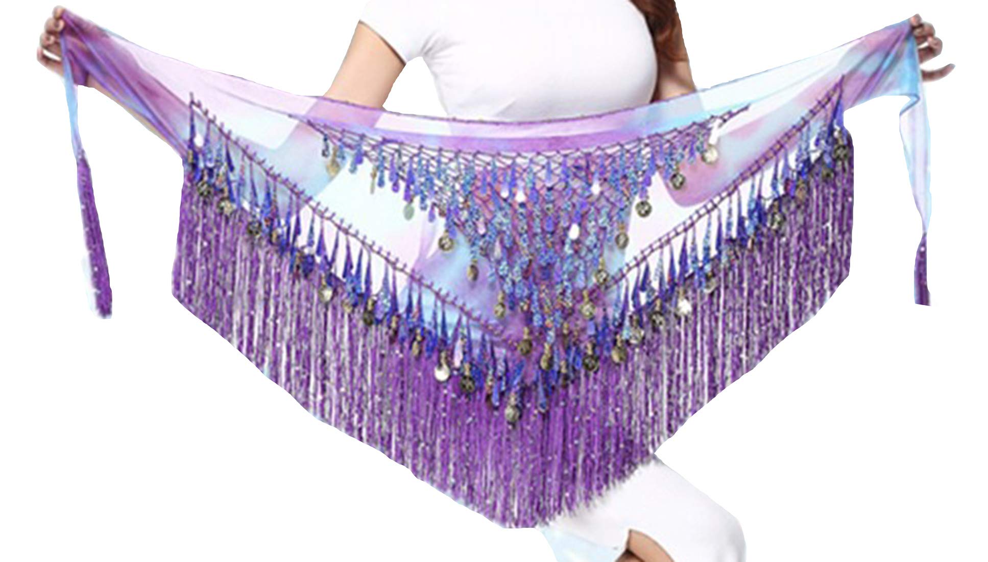Lauthen.S Belly Dance Hip Scarf with Tassels Sequins, Triangle Coins Wrap Skirt Music Festival Clothing Purle