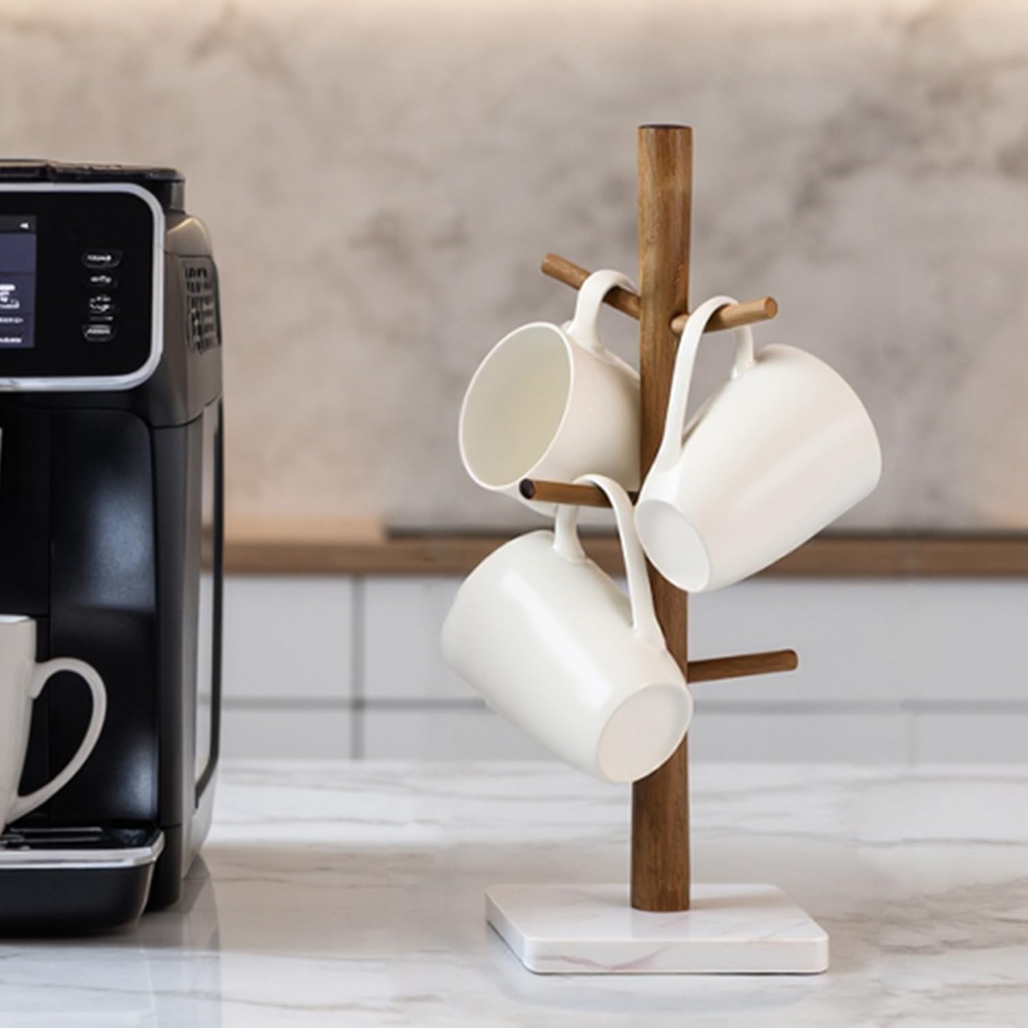 Buruis Wood Mug Holder, Marble Base Cup Rack Tree, Mug Stand Hanger, Kitchen Coffee Mug Tree Countertop Tea Cups Holder Stand, Coffee Cup Dryer with 6 Hooks