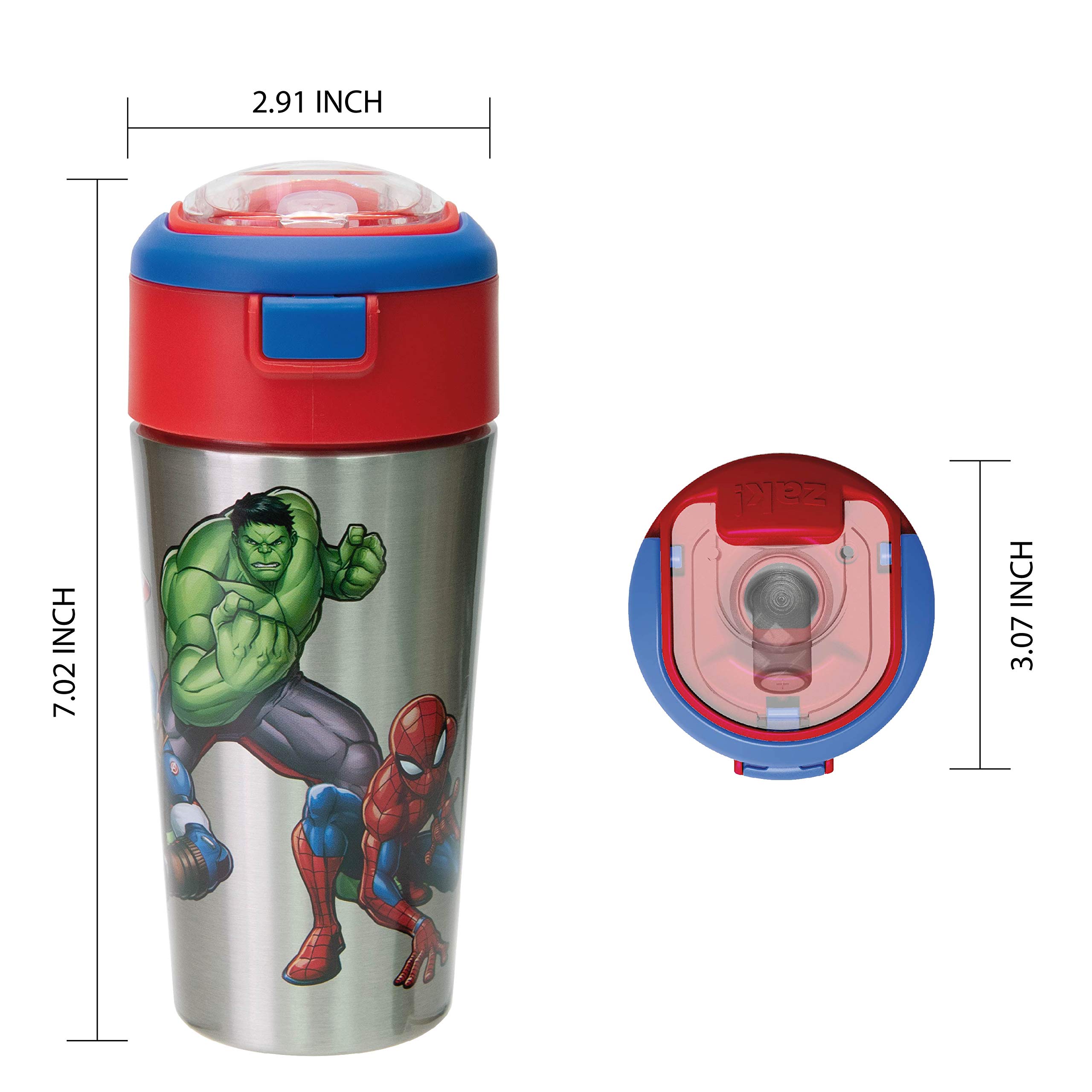 Zak Designs Comics Durable Stainless Steel Straw Bottle with Push-Button Flip Lid Vacuum Insulation Keeps Drinks Cold, BPA Free, 12oz, Marvel Universe