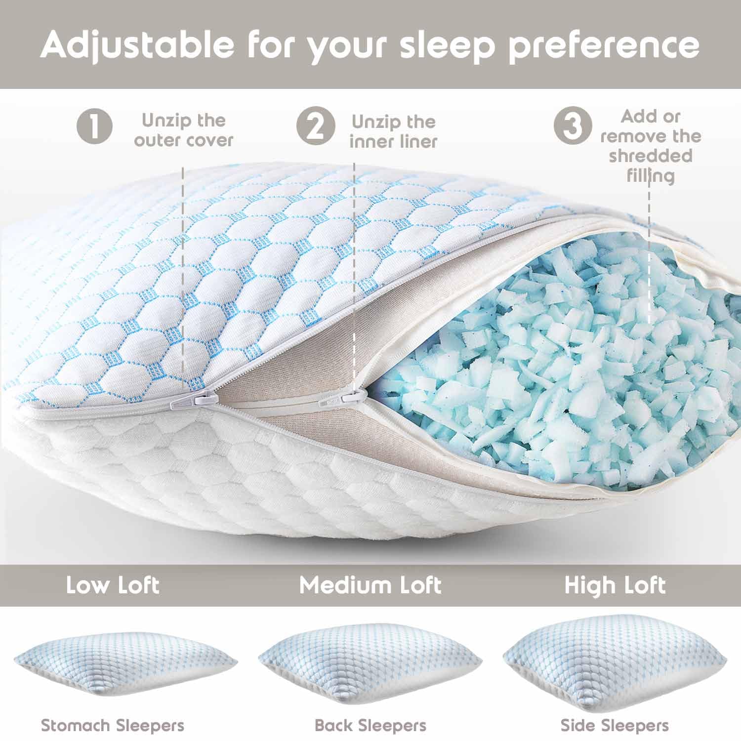 Nestl Cooling Pillow - Queen Size Set of 2 Cooling Memory Foam Pillows, Gel Infused Cool Pillow, Adjustable Cooling Pillows for Sleeping, Breathable Queen Pillows, Washable Removable Bed Pillow Cover