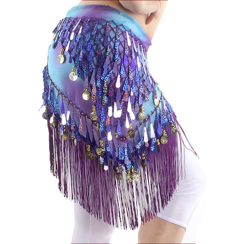 Lauthen.S Belly Dance Hip Scarf with Tassels Sequins, Triangle Coins Wrap Skirt Music Festival Clothing Purle