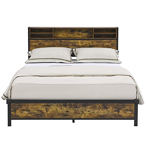 Alohappy Full Size Bed Frame with Bookcase Headboard, Metal Platform Bed Frame Full with Headboard Double Support Legs 13 Metal Slats Support,Easy Assembly Noise Free No Box Spring Needed